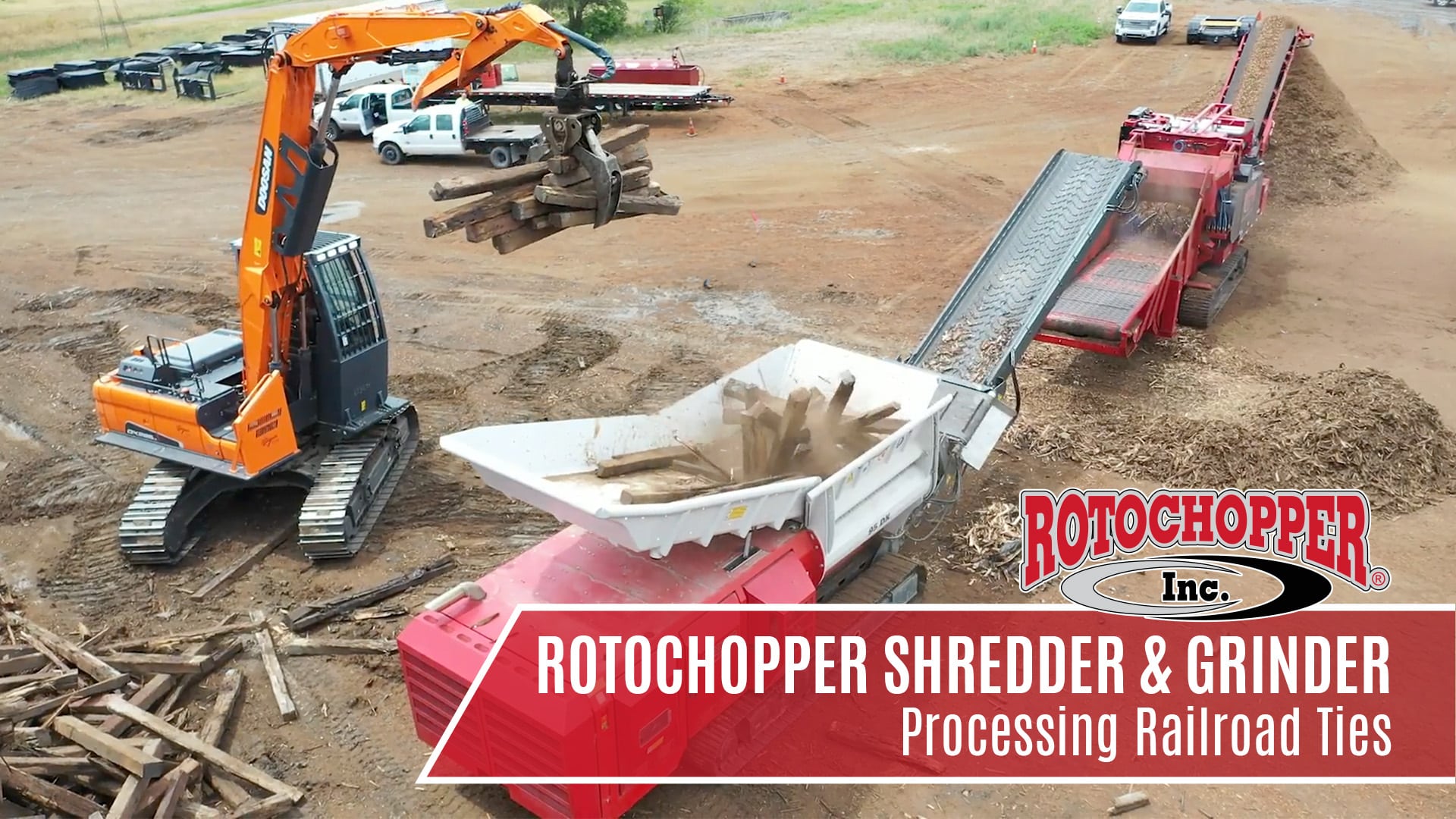 Rotochopper 95 DK Shredder & B-66L Grinder Processing Railroad Ties